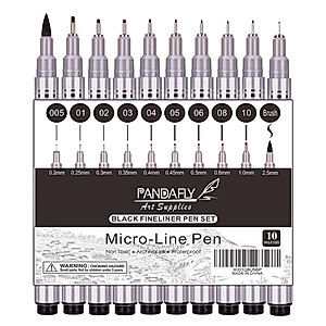 PANDAFLY Precision Micro-Line Pens, 10 Size Black Micro-Pen Fineliner Ink Pens, Waterproof Archival Ink Multiliner Pens for Artist Illustration, Calligraphy, Sketching, Technical Drawing