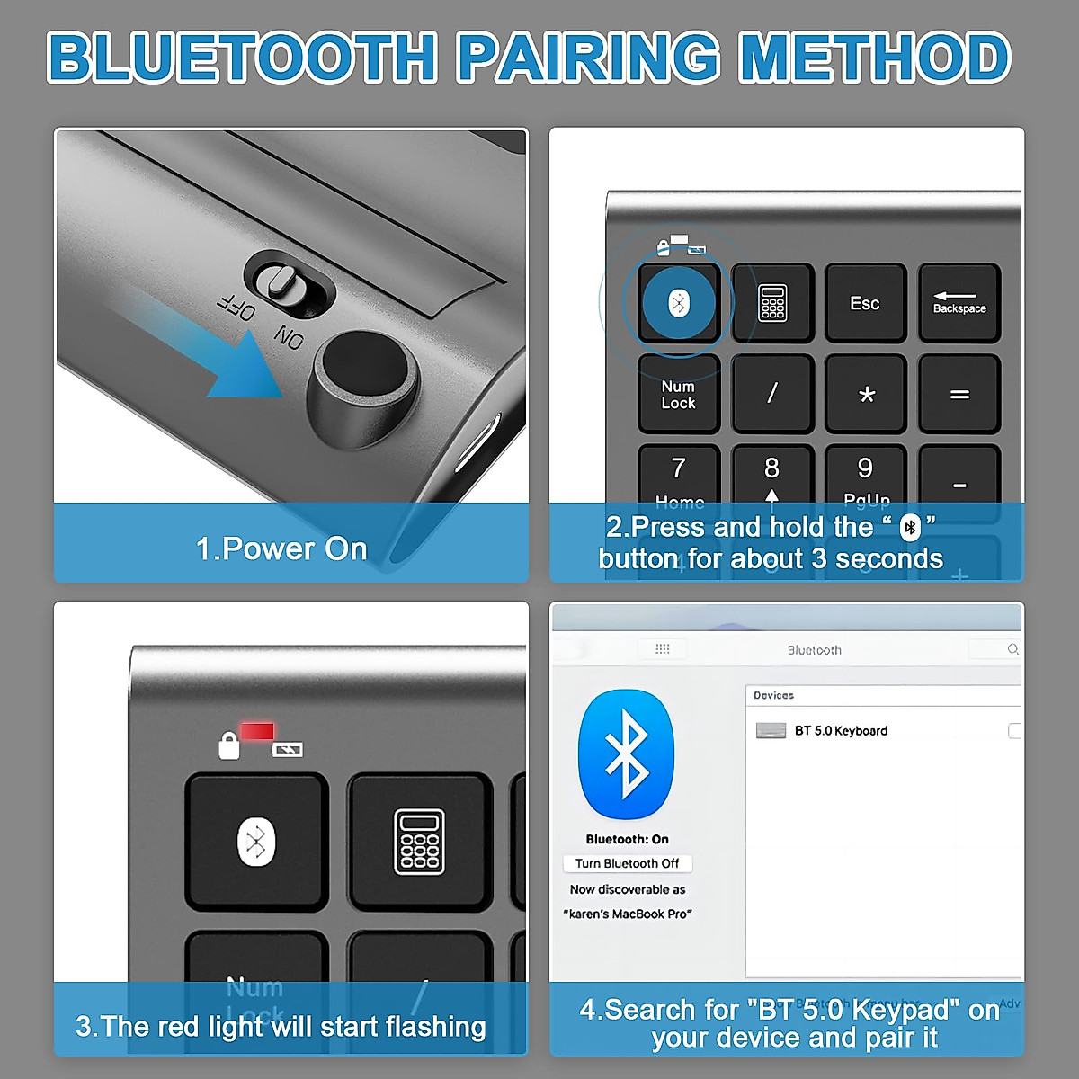 Bluetooth Number Pad Wireless & Wired 10 Key USB Keypad Two in One, Rechargeable Numpad for Laptops, Desktop, Computers Accessories Compatible with MacBook iPads ChromeBook EliteBook Notebook etc.