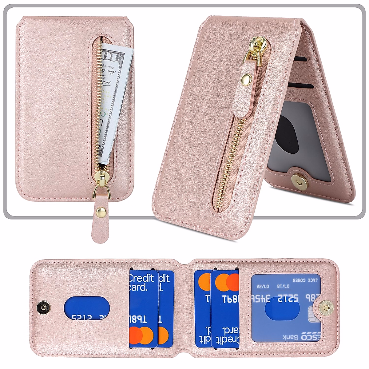 Cavor Compatible with Apple Magsafe Wallet with Adjustable Stand,Magnetic Wallet for iPhone 16 Pro Max/15/14 Plus/13/12 Magsafe Card Holder Magsafe Phone Wallet Zipper Pocket-Pink