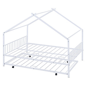 Metal House Bed for Kids, Full Size Bed Frame with Trundle Bed Twin, Kids Bed Frame with Headboard and Footboard, Full Size House Bed for Kids, Girls, Boys(Full White)