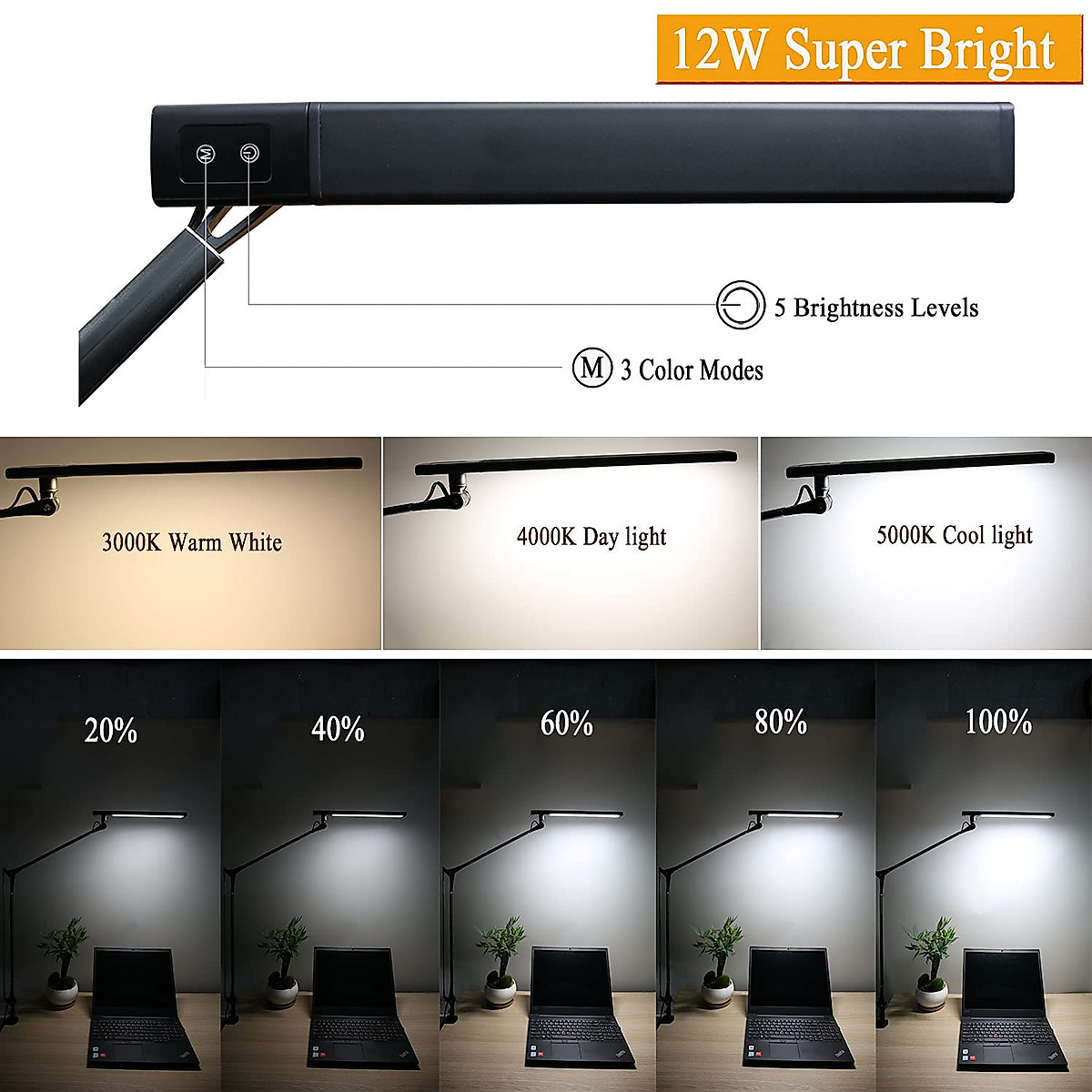 Tedgor LED Desk Lamp, Architect Task Lamp, 12W Eye-Caring Metal Swing Arm Dimmable Drafting Table Lamp with Clamp,Touch Control Desk Lamp, Study Reading Work Office Workbench