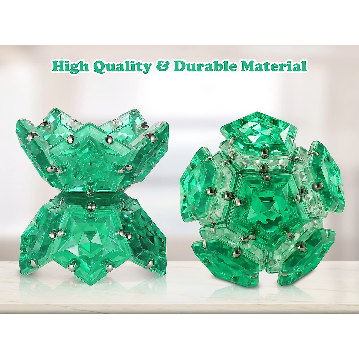 RoomyRoc Magnetic Fidget Sphere - Pentagons Magnets Balls - 12 Piece Set - Crystal Green - Magnet Fidgets Toy - Creativity Beyond Imagination, Inspirational, Recreational, Desk Toys for Adults