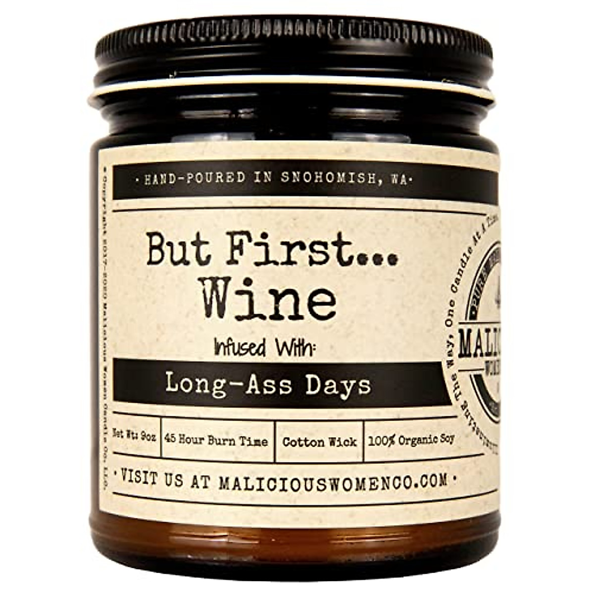 Malicious Women Candle Co - But First.Wine, Cabernet All Day (Sweet Red Wine) Infused with Long-Ass Days, All-Natural Soy Candle, 9 oz