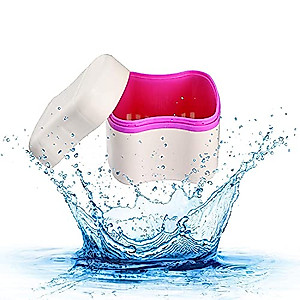 Denture Bath Cases with Denture Cleaner Brushes Denture Cups Denture Boxes Bath Dentures Container with Basket Denture Holder Denture Brush Retainer Case for Travel Retainer Cleaning (Pink)