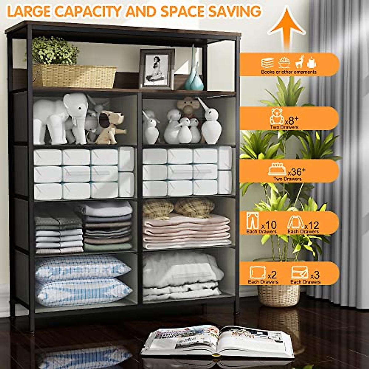 WARM&LOVE 8 Drawer Dresser with 2-Layer Shelf, Chest of Drawers for Bedroom, Closet, Fabric Storage Tower Organizer with Sturdy Metal Frame, Wooden Top, Fabric Dresser for Bedroom