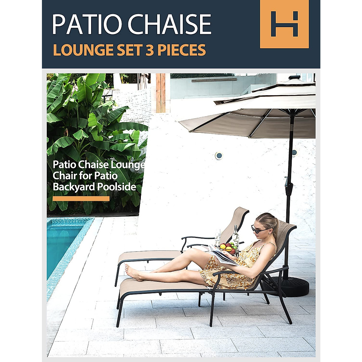 HAPPATIO Patio Chaise Lounge 3 Pieces,Patio Lounge Chair with Glass Coffee Table,Pool Lounge Chair with Breathable Textilene Fabric for Patio Backyard Poolside (Brown)