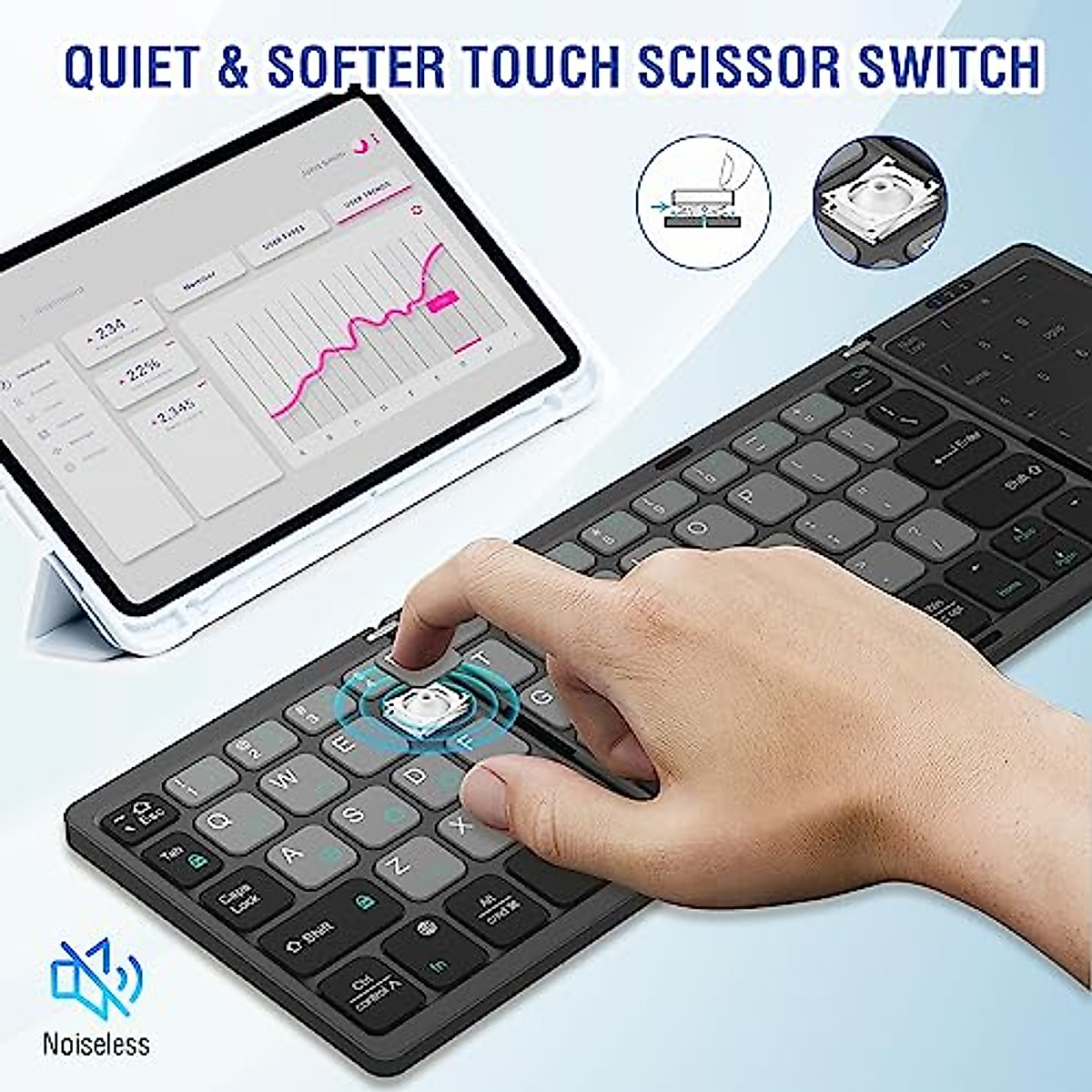 EDJO Foldable Bluetooth Keyboard, Rechargeable Portable Wireless Keyboard with Touchpad & Number Pad for Android, Windows, iOS, PC/Laptop/Smartphone/Tablet (Grey)