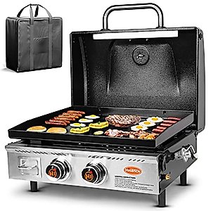 Hisencn Portable Griddle for Outdoor, Tabletop, Countertop, Kitchen, Tailgating, RV - Nonstick Camping Griddle 348 sq. in. 24000 BTUs Griddle for Gas Grill, 22 Inch with Hood, with Carry Bag