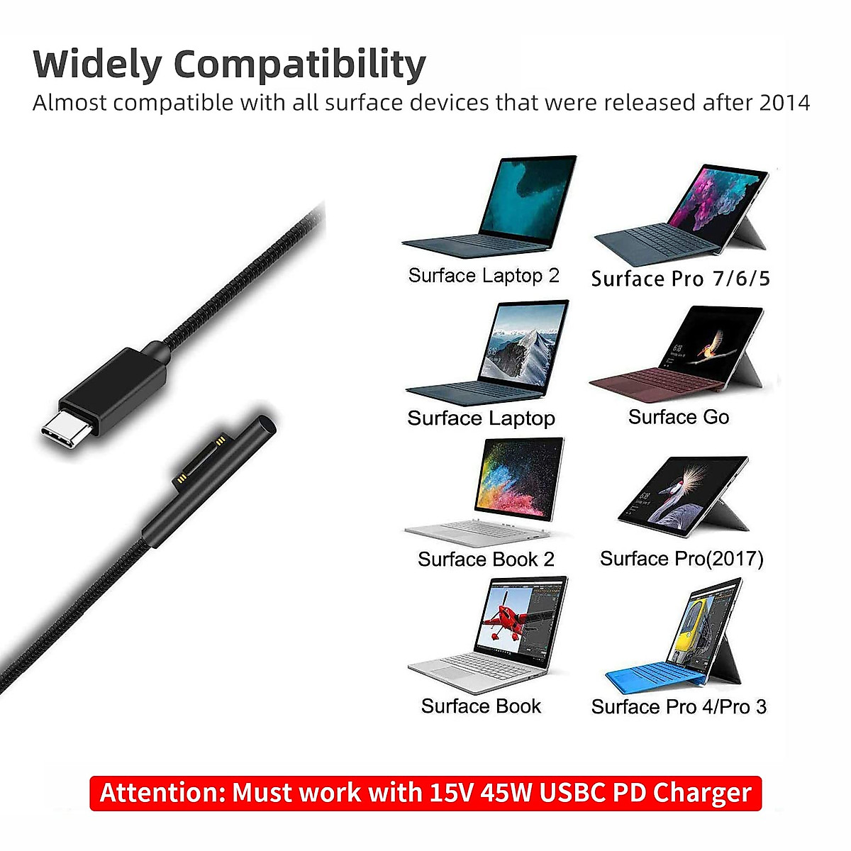 Sisyphy Metal Braided Surface Connect to USB-C Charging Cable (Bright Black 5ft), Compatible for Microsoft Surface Pro7 Go2 Pro6 5/4/3 Laptop3/2/1, Works with 45W 15V3A USBC Charger Power Supply