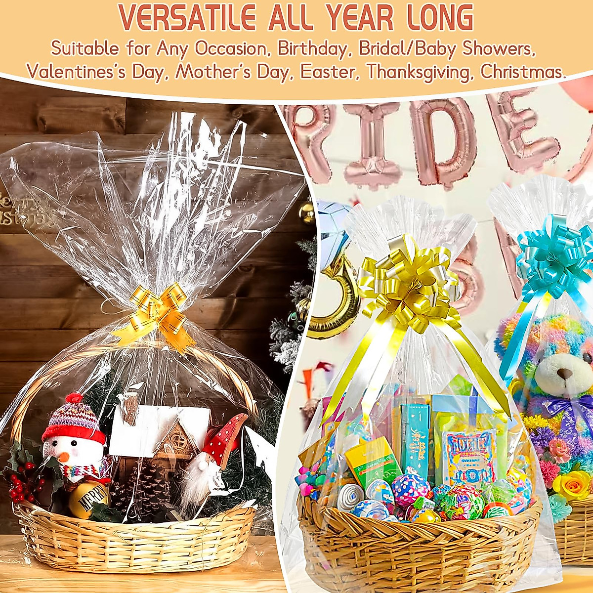 QOIUSO 6PCS Extra Large Cellophane Bags, 35x45 Inch Cellophane Wrap for Gift Baskets Clear Cellophane Gift Bags 2.8 Mil Thick