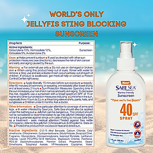 Safe Sea Jellyfish Sting-Blocking Sunscreen, SPF 40+ Spray 4 Fl oz, Waterproof, Biodegradable, Coral Reef-Safe – Body and Face Sunscreen, Anti-Jellyfish and Sea-Lice sting protection.
