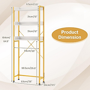 Giantex Over The Toilet Storage Rack, 3-Tier Bathroom Space Saver Organizer with Adjustable Bottom Bar to Fit Most Toilets, Freestanding Above Toilet Storage Rack, Easy Assembly (White + Gold)