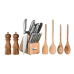 Knife Block with Kitchen Knives Set Wood Utensil Salt Pepper Grinder Set 20 Pcs Ultra Sharp Stainless Steel Knife for Kitchen Home Essentials Chef Knife Set and Steak Knives Set of 6