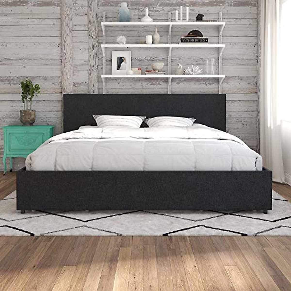 Novogratz Kelly Bed with Storage, King, Dark Gray Linen