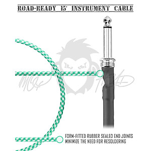 Mophead 15-Foot Guitar Instrument Cable - 1/4 Inch TS to 1/4 Inch TS Right Angle Pro Grade Double Insulated Tweed Braided for Electric Guitar, Bass, Amp, Keyboard (Green and White)