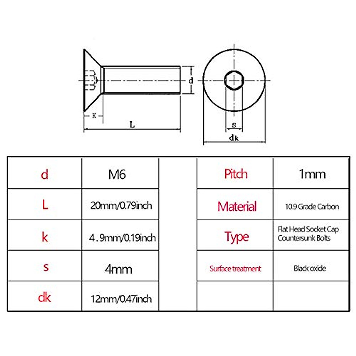 L-A M6-1.0x20mm 10.9 Carbon Steel Countersunk Head Hex Socket Screw Flat Countersunk Hex Socket Bolts Screws （25 Pcs）