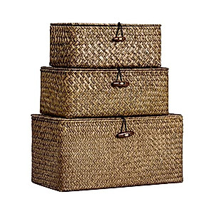 Decorative Storage Basket with Lid Set of 3,Woven Seagrass Storage Bins for Shelves for Organizing, Rectangular Baskets for Decoration, Picnic, Groceries and Toy Storage