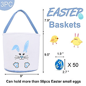 3Pcs Easter Basket for Kids Easter Bunny Canvas Candy Basket Bulk, DIY Personalized Easter Large Buckets Tote Bags Egg Hunt Gifts Basket Easter Party Favors Decorations with 2Pcs Double Line Pens