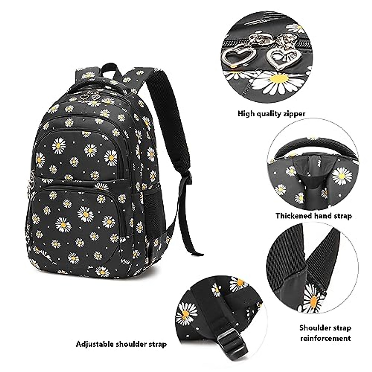 ZHIERNA School Backpack 3PCs Daisy Prints Set With Lunch Bag, Bookbags with Pen Case For Teen Girls Kindergarten Elementary（Black）