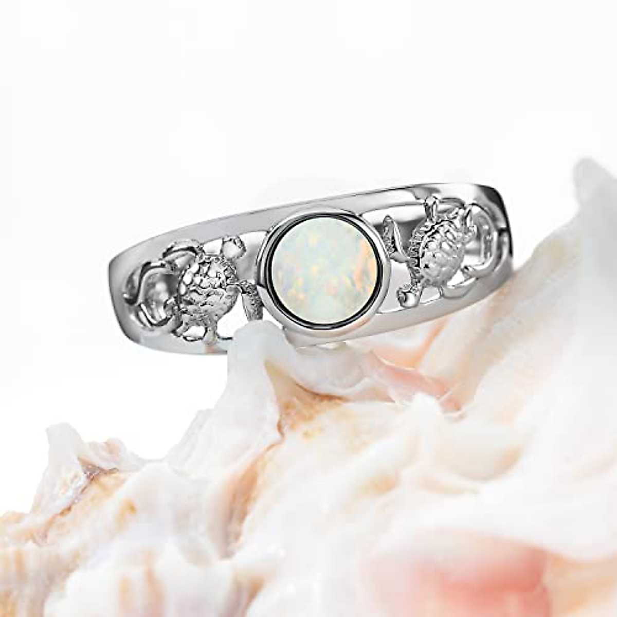 Sterling Silver Opal Two Sea Turtles Tapered Wedding Ring Eternity Band for Women, Hawaiian Island Tropical Ocean Jewelry Gemstone, Gift Box Included (White Opal, 8)