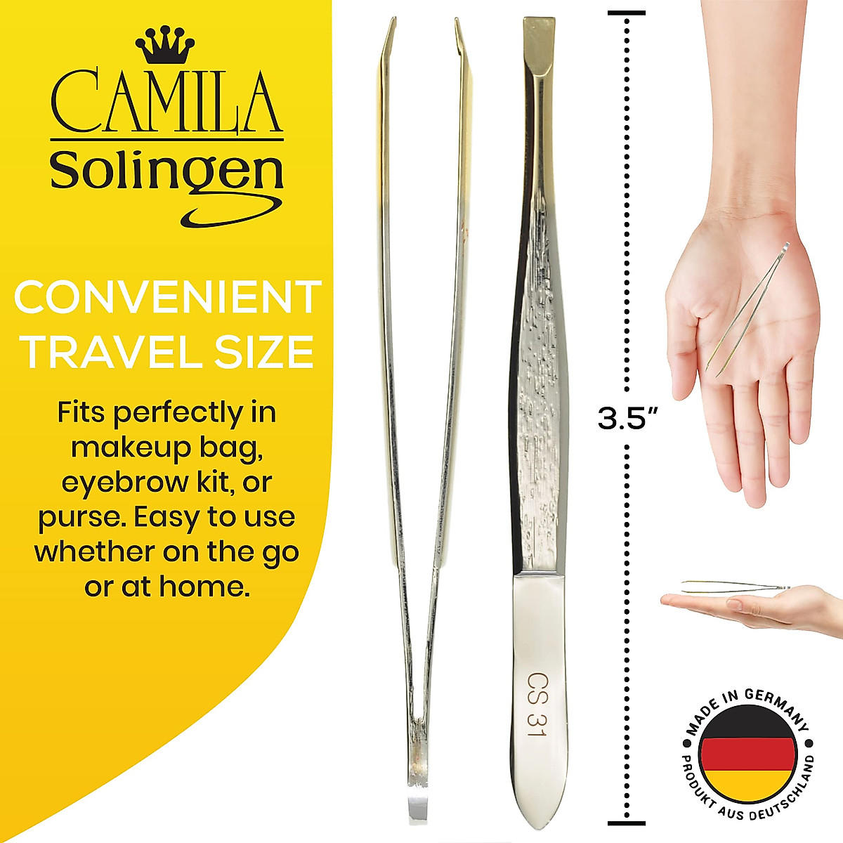 Camila Solingen CS31 3 1/2" Gold Tipped, Surgical Grade, German Stainless Steel Tweezers (Straight) - Flawless Facial Hair and Eyebrow Shaping and Removal for Men/Women