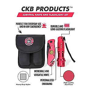 Barton Outdoor Survival Knife and Flashlight Set - Red Finish - Firefighter - LED Light - 3.5" Blade - Seat Belt Cutter, Glass Breaker, Knife Handle and Pouch - Personalized Engraving
