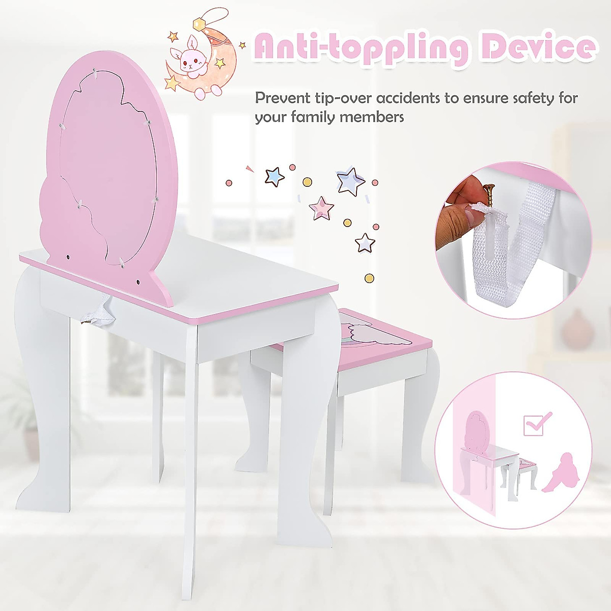 OLAKIDS Kids Vanity, 2 in 1 White Princess Wooden Table and Chair Set for Toddlers with Detachable Unicorn Mirror, Stool, Storage Drawer, Pretend Beauty Make Up Dressing Play Set for Girls Age 4-9