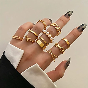 10Pcs Gold Dome Chunky Rings Set for Women Girls,18K Gold Plated Braided Twisted Round Signet Link Rings Adjustable Open Ring Band Statement Jewelry