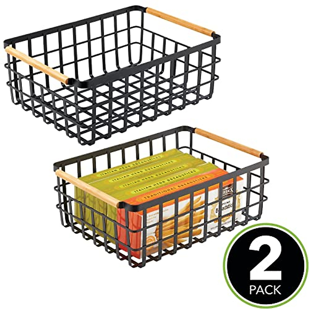 mDesign Metal Wire Storage Organizer Basket with Bamboo Wood Handles for Kitchen Pantry, Rustic Farmhouse Bin to Store Fruit, Coffee, Spices, Supplies, Yami Collection, 2 Pack, Matte Black/Natural/Tan