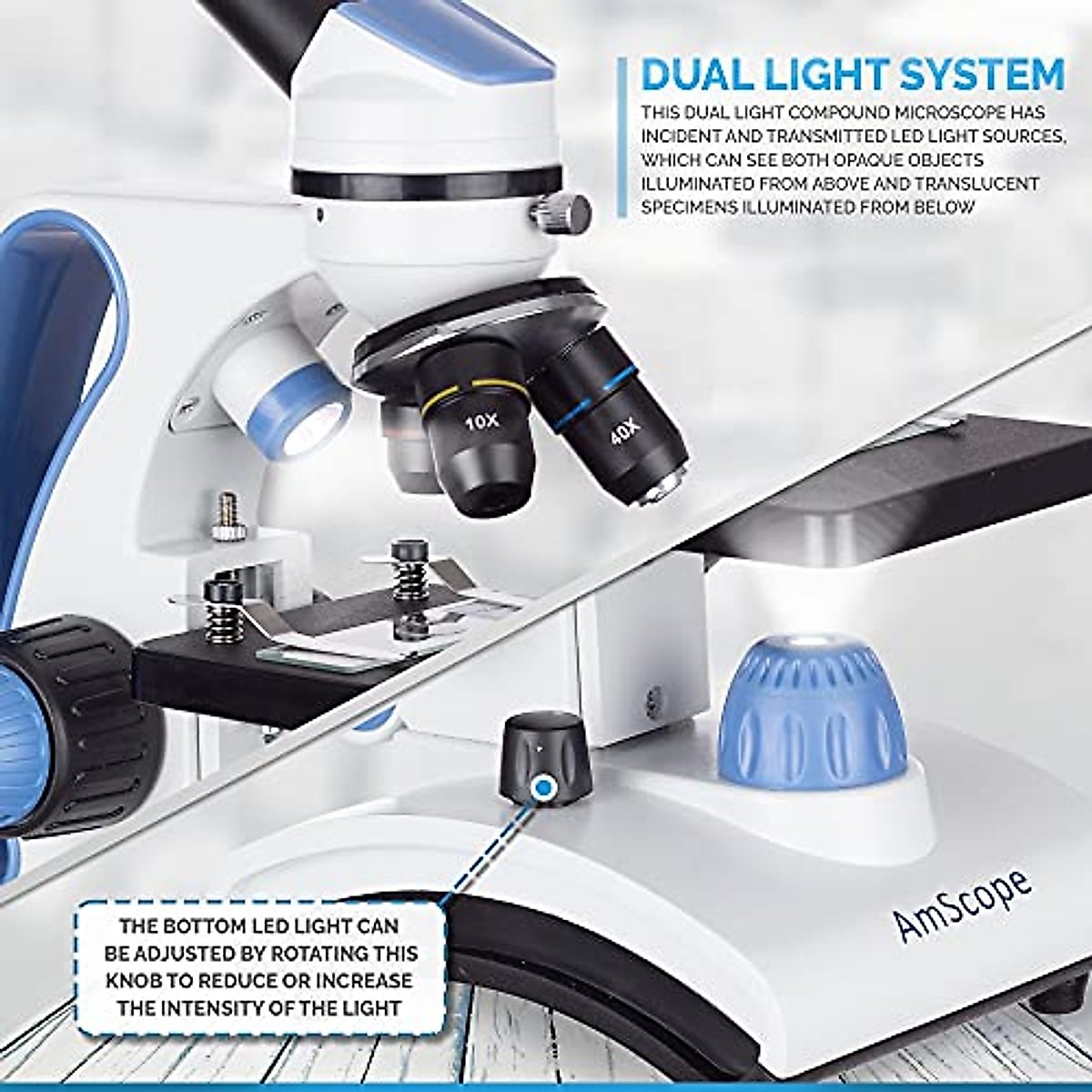 AmScope M162C-2L-WM-SP14-50P100S 40X-1000X Dual Light Glass Lens Metal Frame Student Microscope + Slides