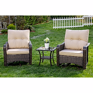 Gotland 3 Pieces Patio Swivel Rocker Wicker Chairs-Outdoor Swivel Rocking Chairs with 1 Rattan Coffee Table&2 Khaki Thickened Cushions Outdoor Furniture Conversation Sets