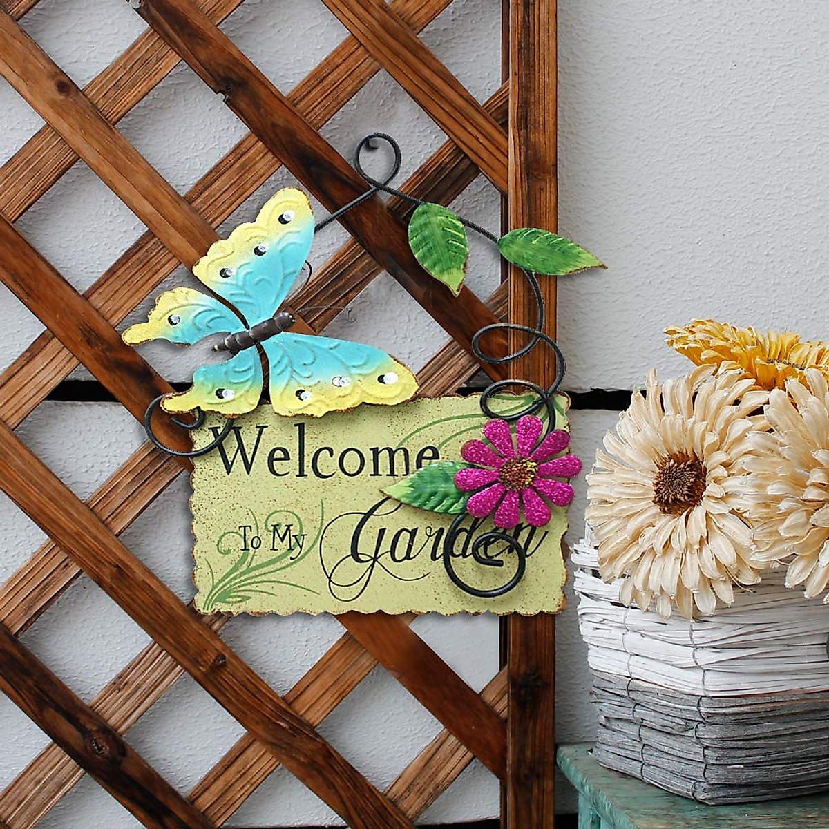 E-view Metal Welcome Sign Rustic Wall Hanging Plaque - Decorative Welcome Flower Signs for Porch Front Door Farmhouse Home Decoration Garden Themed Wreath Ornament (Green)