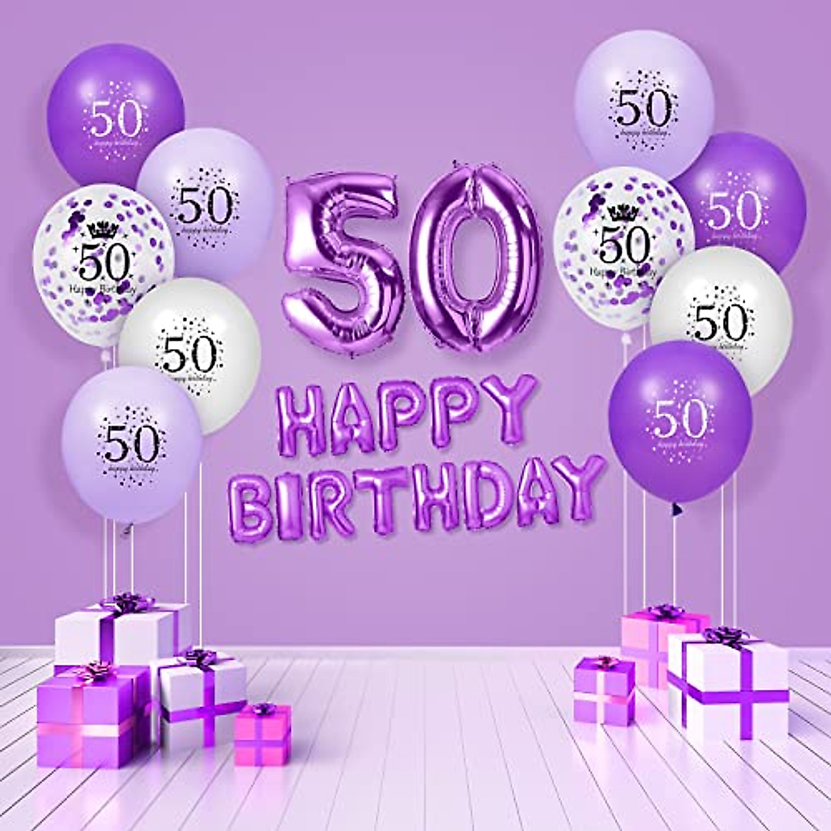 50th Purple Birthday Balloons Decorations, 16 PCS Purple White Confetti Latex Balloons for Women Men Happy Birthday Party Wedding Anniversary Indoor Outdoor Party Supplies,12 Inch