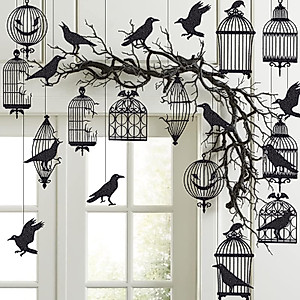 Cheerland Glitter Black Crow Cage Decorations for Gothic Halloween Stickers Decals Tree Hanging Decorations Raven Bird and Cage Banner Garland Backdrop for Horror Theme Birthday Party Supplies