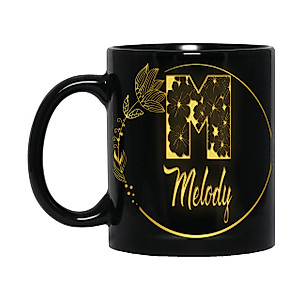 Coffee Mug Personalized Melody Name & Initial Letter Monogram Floral Alphabet Mug Golden Flowers Custom Black Coffee Cup, Gift for Her Mom Coworker Sister, Wife, Girl 11oz Black Mug 423302