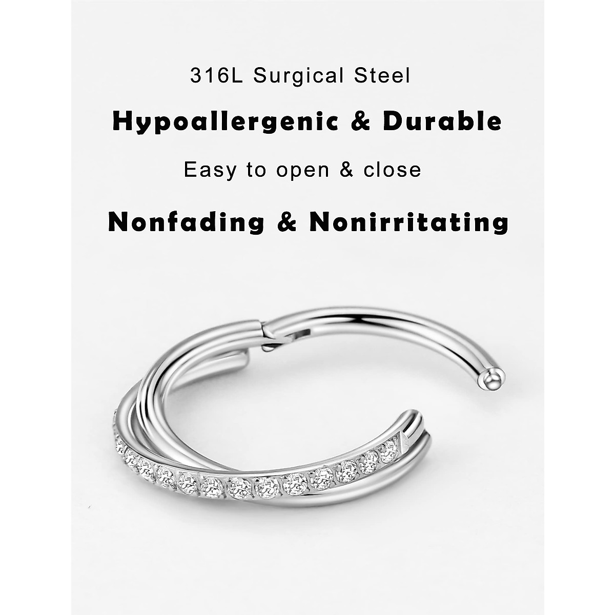 16g 8mm Silver 316L Surgical Steel Septum Rings Cubic Zirconia Nose Piercing Ring Twisted Hinged Nose Rings Hoop Cartilage Earring Lip Tragus Daith Rook Helix Piercing Jewelry 16 Gauge Septum Clicker