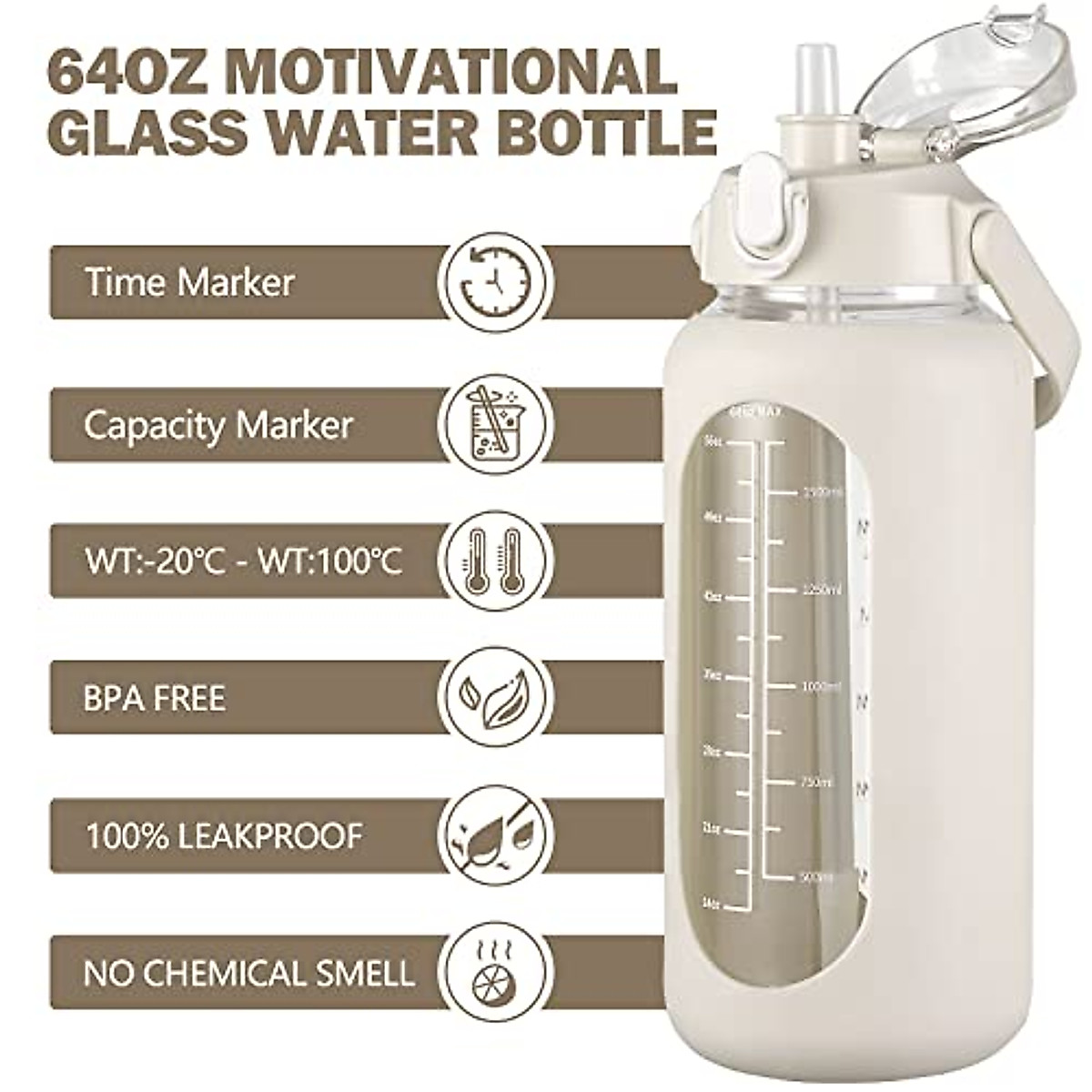 kytffu 64oz Glass Water Bottles with Straw, Half Gallon Motivational Glass Bottle with Silicone Sleeve and Time Marker, 2L Leakproof Large Glass Water Jug for Gym Home Office,White