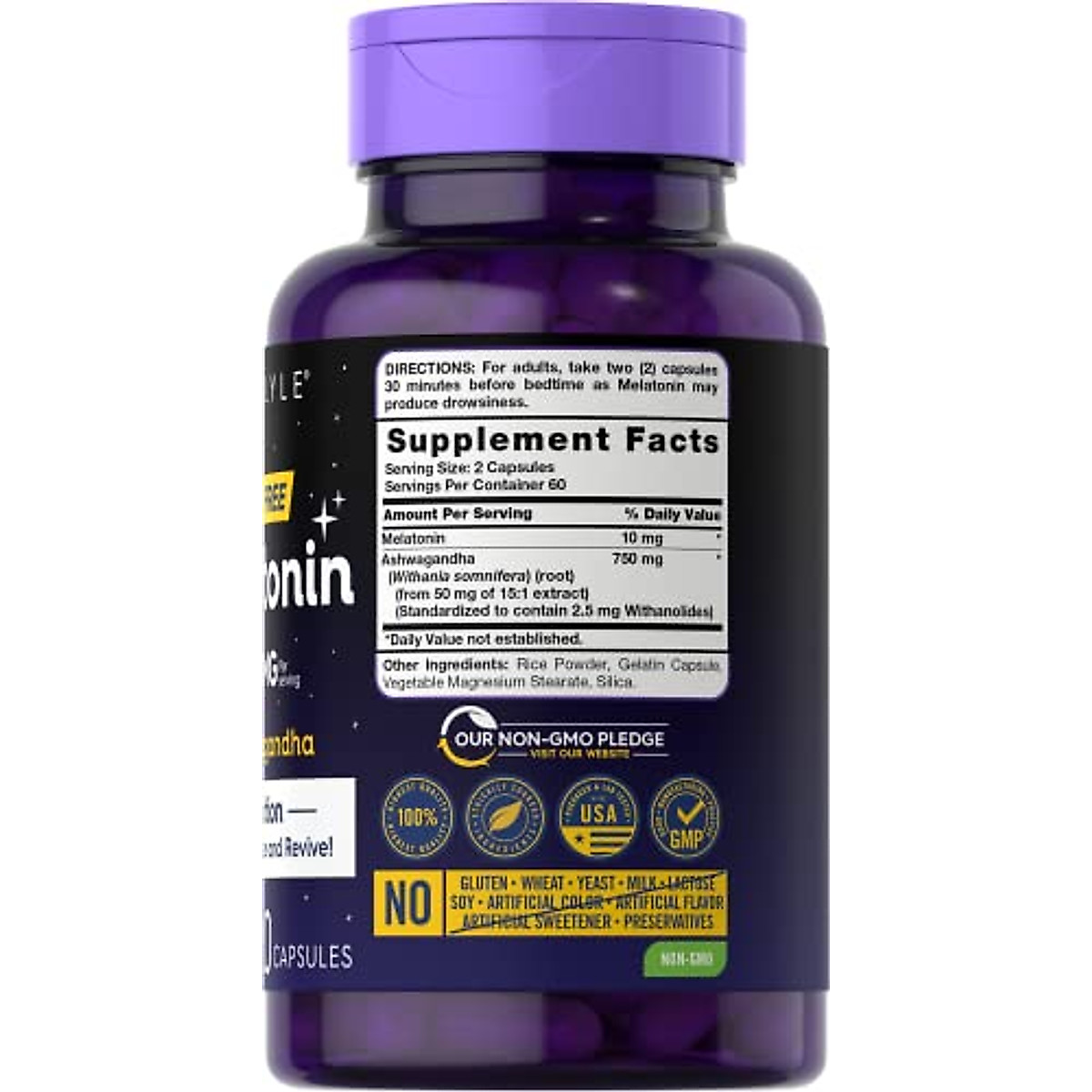 Melatonin 10mg | 120 Capsules | with Ashwagandha | Triple Strength Formula | Non-GMO, Gluten Free Supplement | by Carlyle