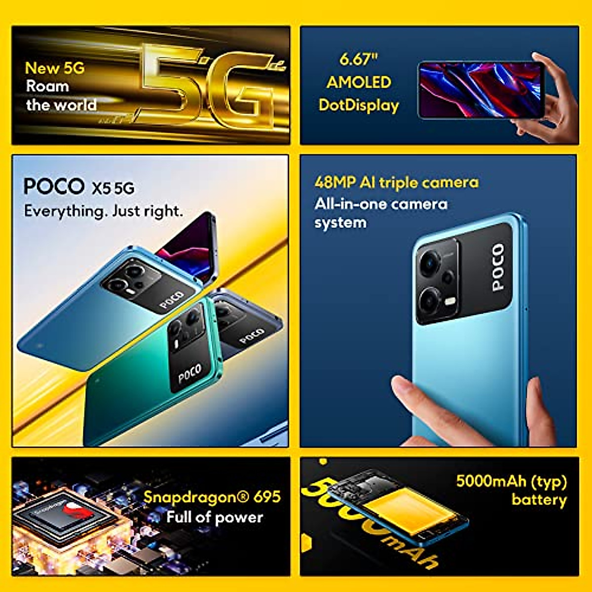 Xiaomi Poco X5 5G + 4G Volte Global Unlocked 128GB + 6GB GSM 6.67" 48 mp Triple Camera (ONLY Tmobile Mint Tello USA Market) + (Car Fast Car 51W Charger Bundle) (Green Global ROM)