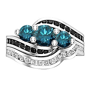Dazzlingrock Collection 1.40 (ctw) Round Blue, White & Black Diamond Twisted Bypass 3 Stone Wedding Ring Set for Women 14K White Gold, Size 8