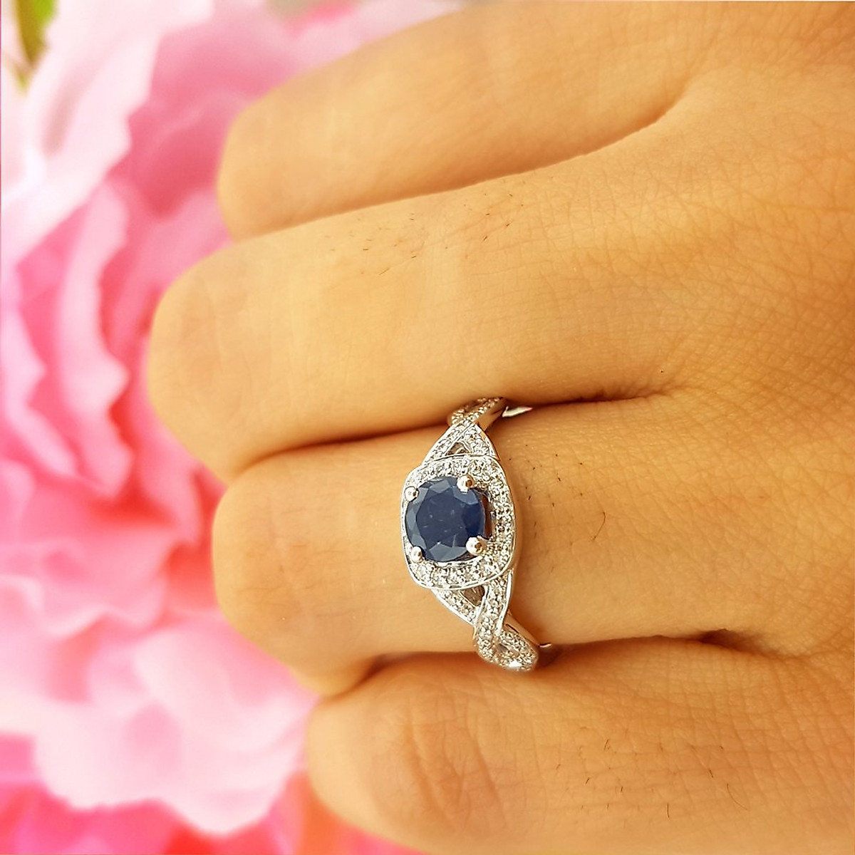 Dazzlingrock Collection 14K Round Blue Sapphire & White Diamond Swirl Split Shank Halo Engagement Ring, White Gold, Size 4.5