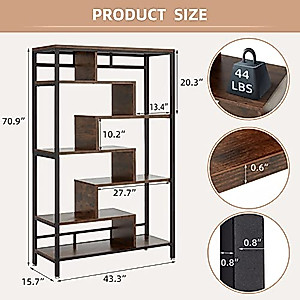 JOMEED 7-Tier Industrial Bookshelf for Bedroom,Large Etagere Bookcase Open Display Shelves with Metal Frame for Living Room Home Office，Asymmetrically Designed