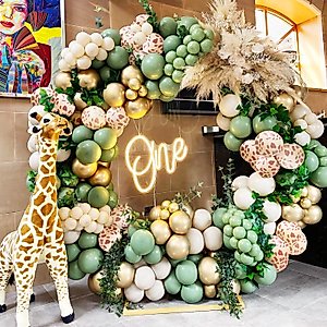 Safari Balloon Garland Kit Sage Green Gold White sand and Jungle giraffe animal print balloons For safari Themed Party Wild one Birthday,Boho Baby shower decorations
