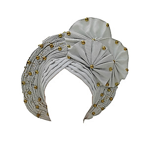 QliHut Nigerian Gele Headties With Beads And Stones African Headtie Women Head Wrap Already Made Auto (White,1)