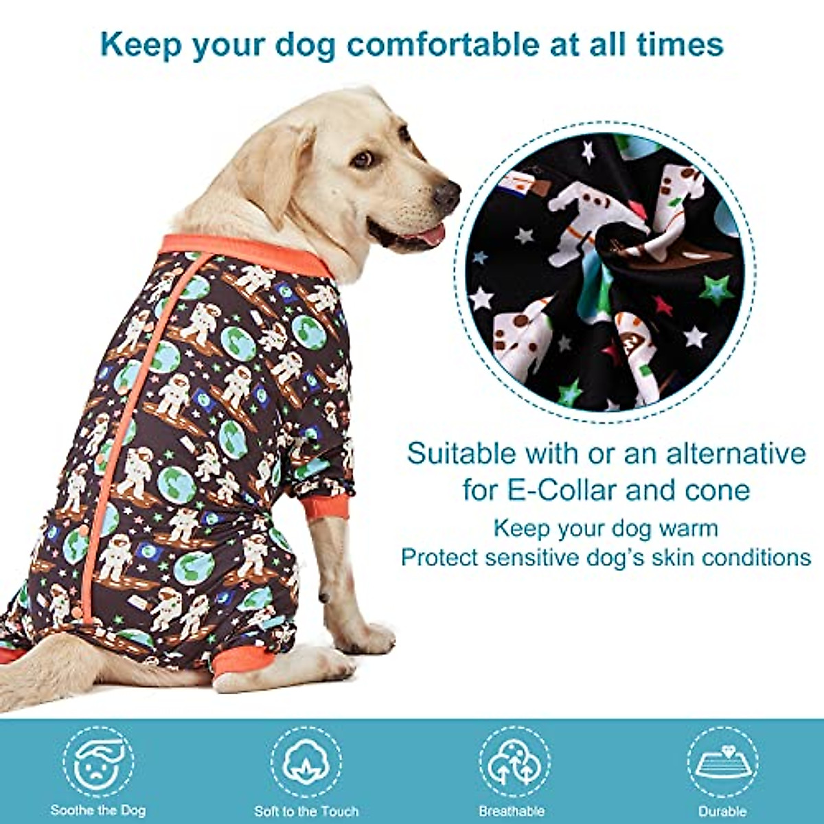 LovinPet Dog Shirt/Dog Onesie XL/Dog Sun Shield Shirt/Space Astronauts Black Print/Lightweight Pullover, Large Puppy PJ's/Full Coverage Dog PJ's/XL