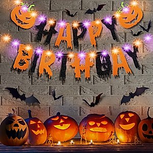 Halloween Happy Birthday Banner Party Decoration, Glitter Purple and Orange Halloween Birthday Garland, Ghost Bat Pumpkin Themed Decor with 8 Mode LED String Lights for Party Supplies