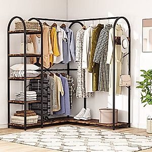 Tribesigns L-Shaped Garment Rack with Shelves, Heavy Duty Corner Clothes Rack with Coat Hooks, Anti-toppling Device, Cloth Hanger Standing Clothing Racks for Hanging Clothes, Rustic Brown