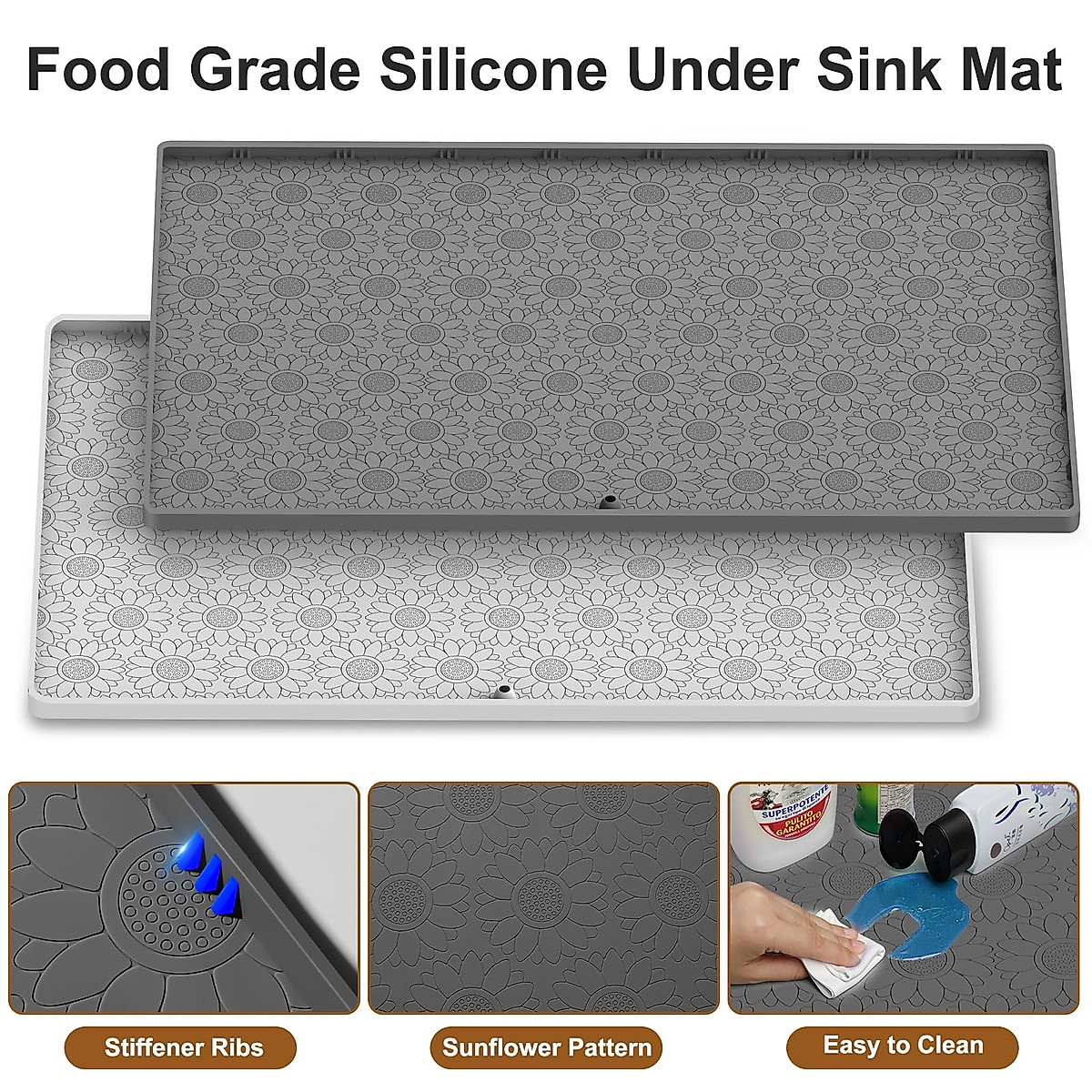 Under Sink Mat Kitchen - 34" x 22" Waterproof Silicone Bathroom Mat Multipurpose Cabinet Protector Organizers Sink Drip Tray Liner Pet Feeding Mat Shoes Mat Dark Gray