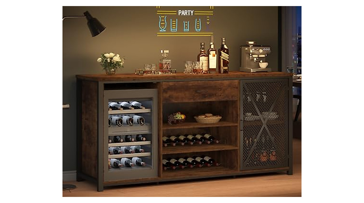 Rustic Large Bar Cabinet with Fridge Space - 70 Inch Liquor Sideboard