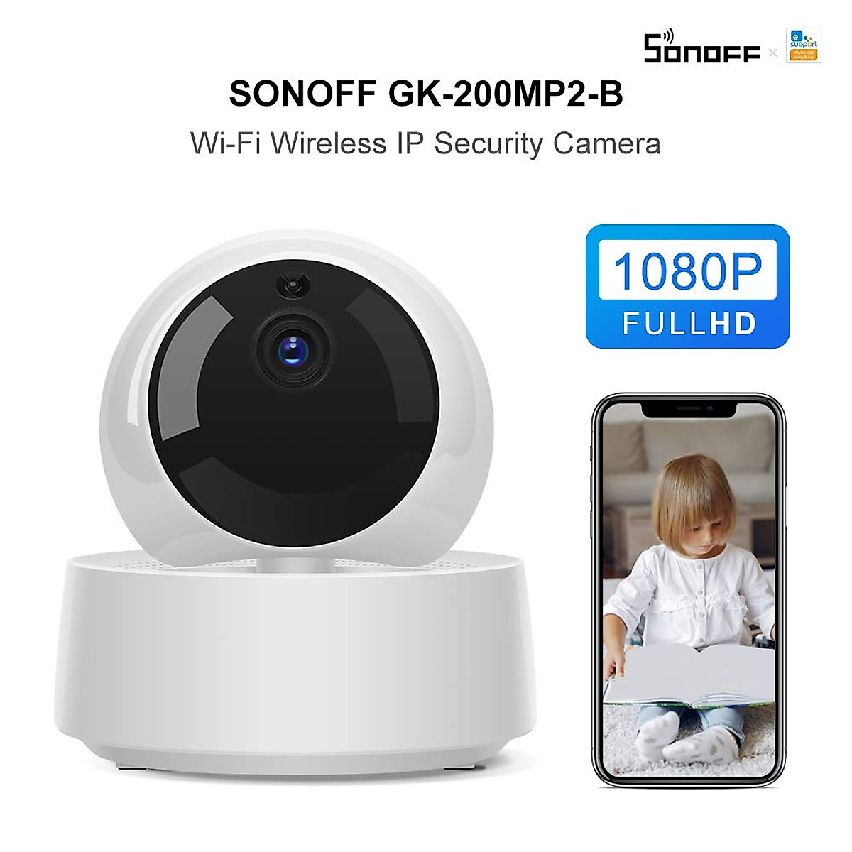 SONOFF 1080P HD Indoor Camera, Smart WiFi Home Security Camera with IR Night Version, Motion Detection, 2-Way Audio, Phone APP Control, Baby Monitor, Cloud Storage, GK-200MP2-B